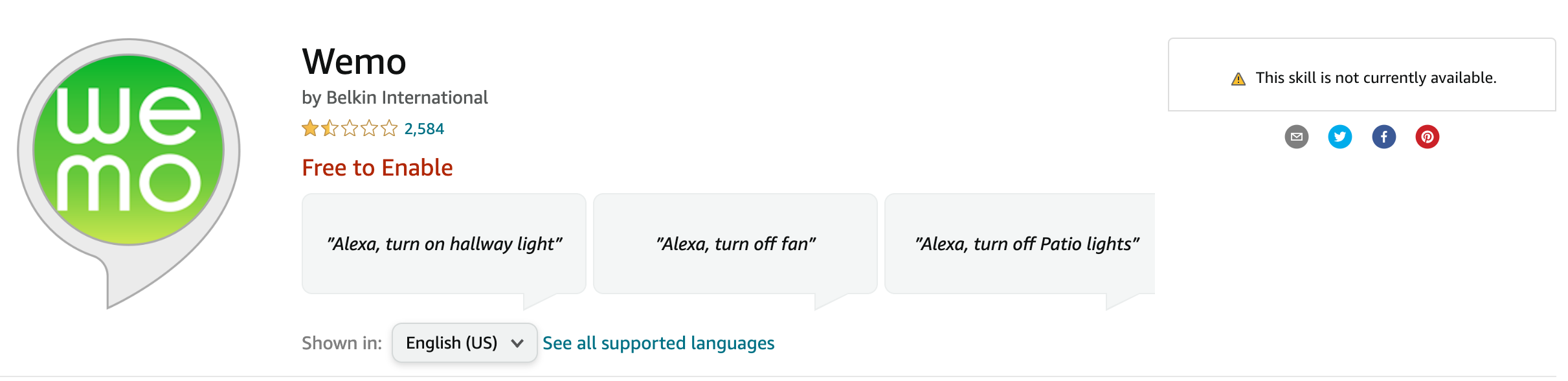 Wemo Skill is not currently available